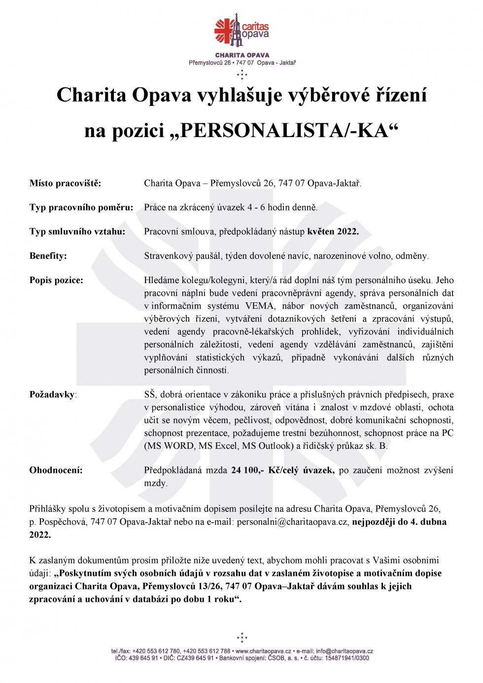Hledáme personalistku nebo personalistu, přihlaste se! | Charita Opava Hledáme personalistku nebo personalistu, přihlaste se! | Charita Opava
